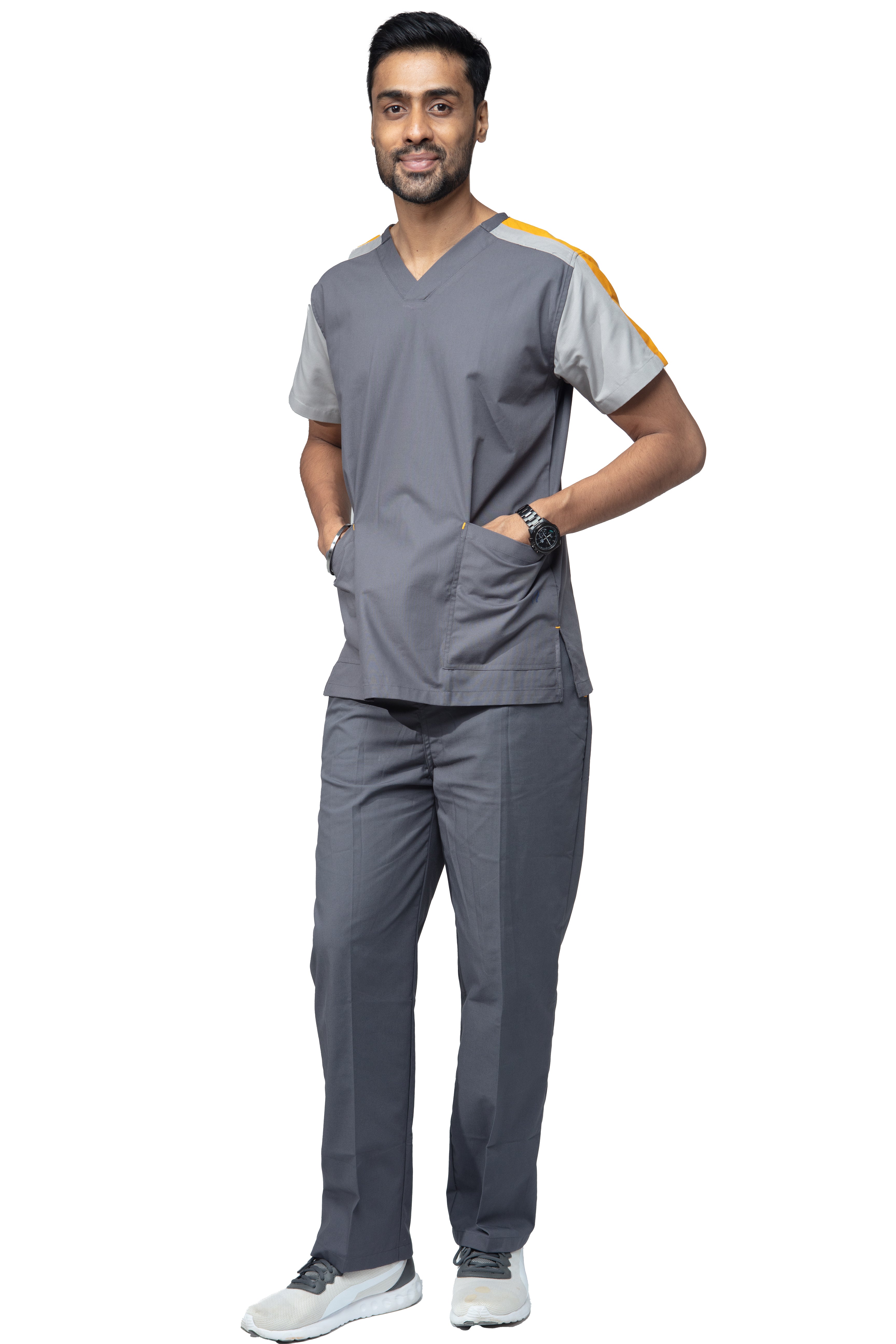 Male Scrub Suit Designer - DSDV04 - Grey / Marigold – Uniform Craft